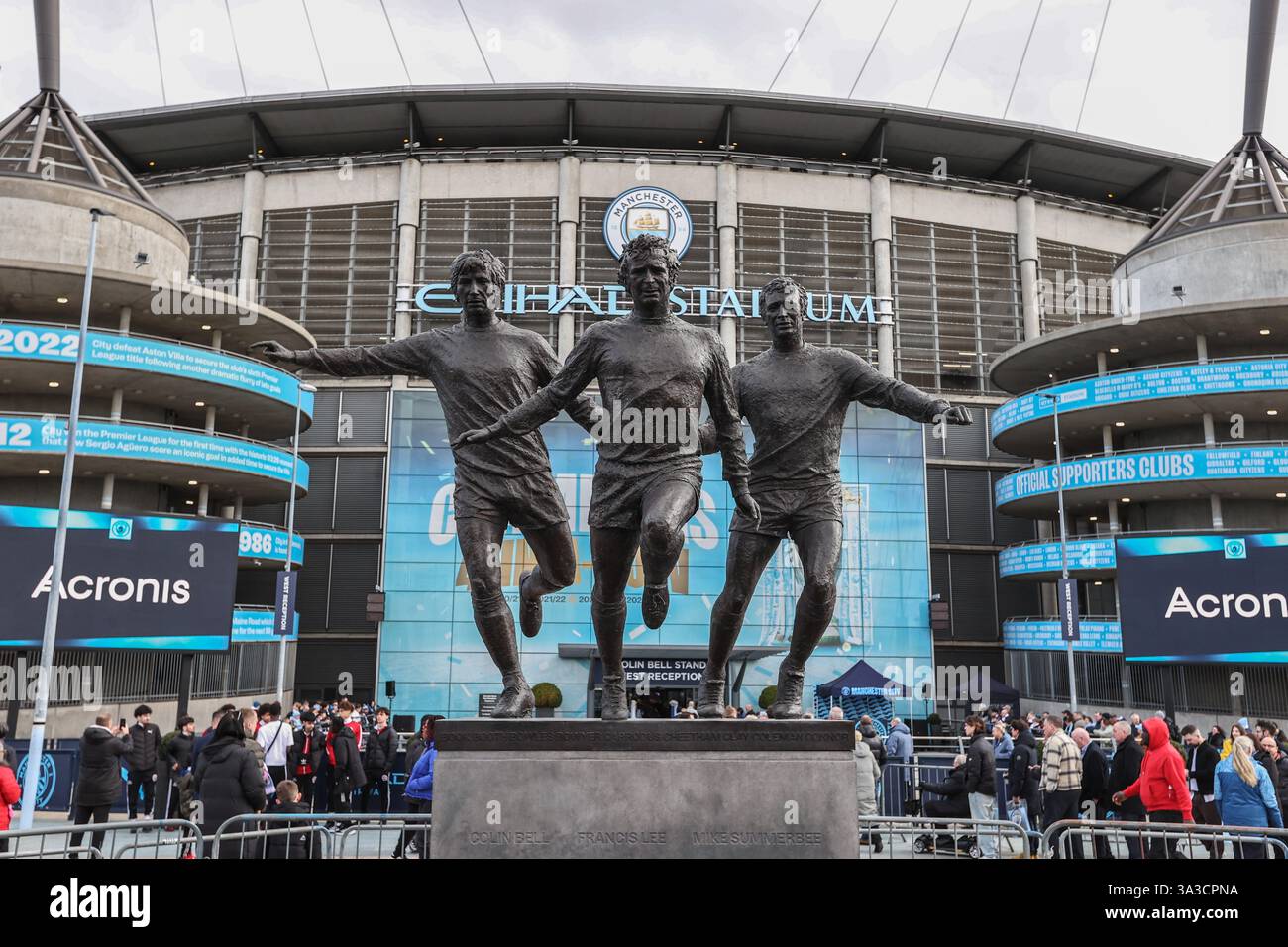 The Colin Bell, Francis Lee and Mike Summerbee statue during the ...