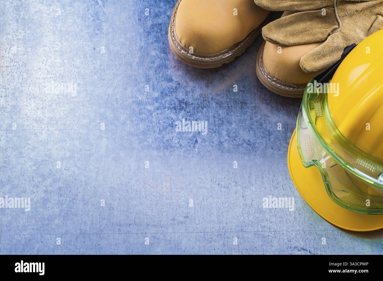 Top view of safety waterproof boots protective leather gloves building ...