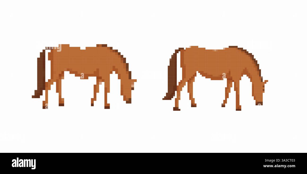 Pixel art horses grazing showing simplistic style and retro video game ...
