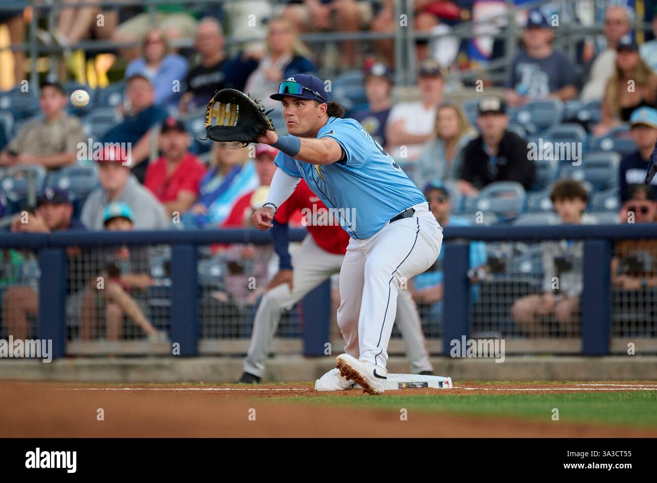 Tampa Bay Rays first baseman Bob Seymour (90) stretches for a throw ...