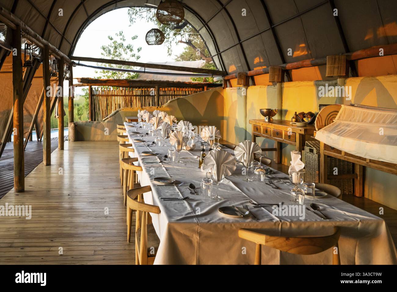 Set table in the restaurant, Okuti Camp, Moremi Game Reserve, Okavango ...