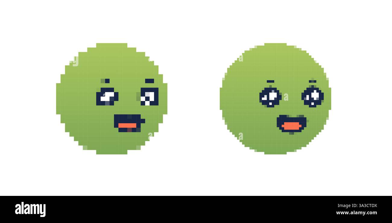 Pixelated green smiley faces with different expressions in simple ...
