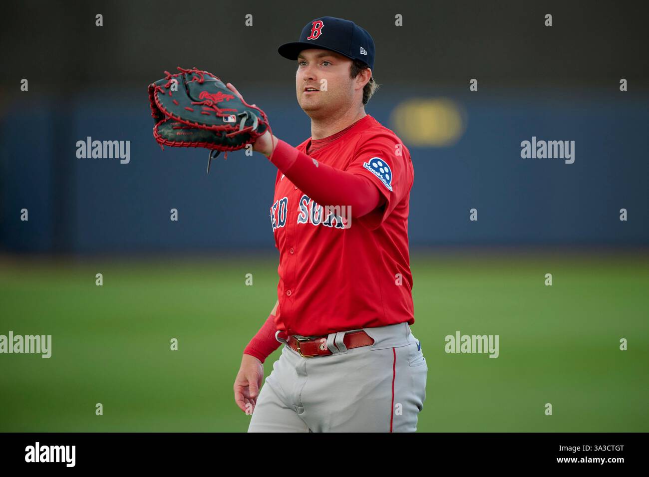 Boston Red Sox first baseman Blaze Jordan (19) during warmups before an ...