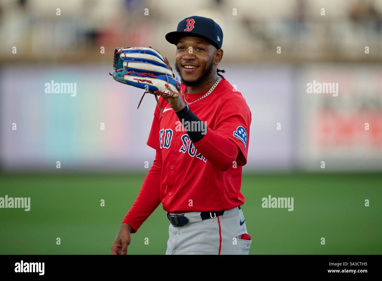 Boston Red Sox outfielder Miguel Bleis (44) during warmups before an ...