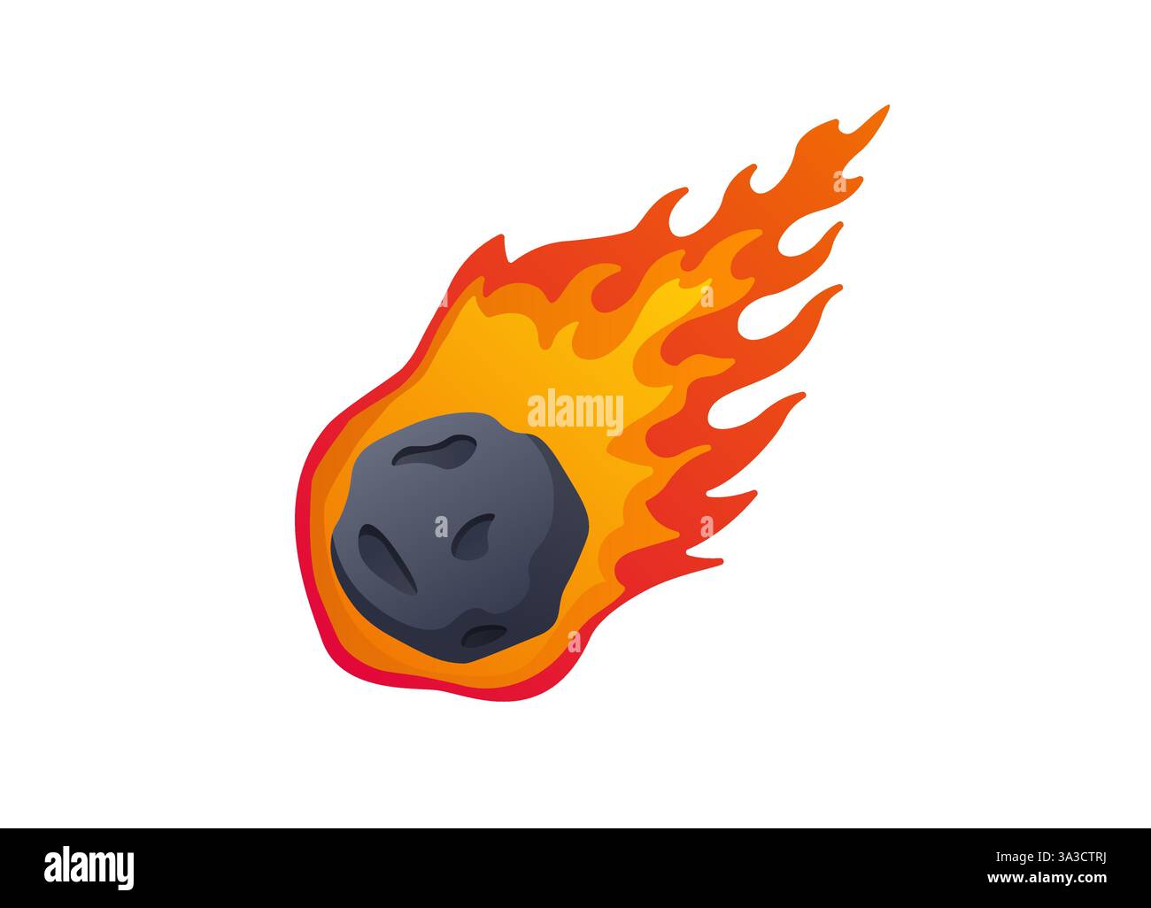 Fiery meteor with bright orange flames and dark surface flying through ...