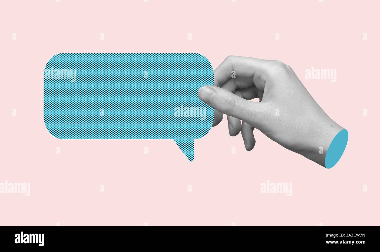 Hand holding message bubble for social media conversation. Woman using ...