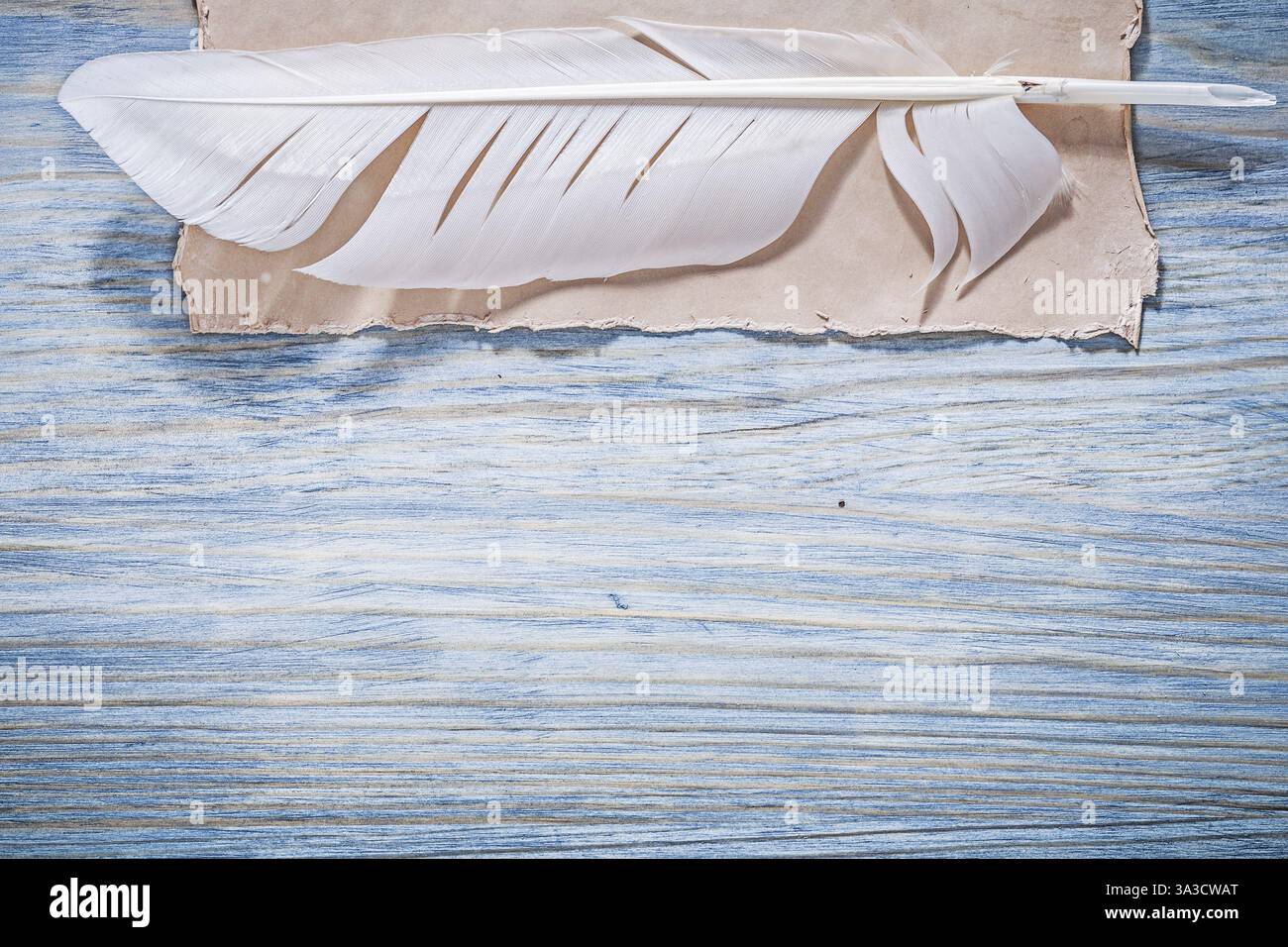 Vintage paper plume on wooden board horizontal version Stock Photo - Alamy