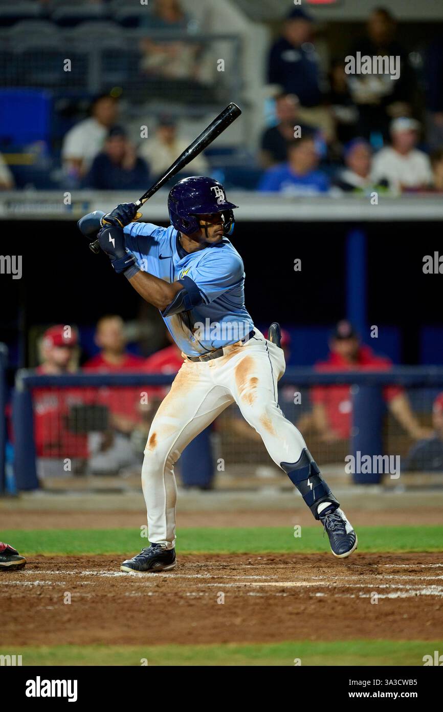 Tampa Bay Rays Homer Bush Jr. (34) at bat during an MLB Spring Breakout ...