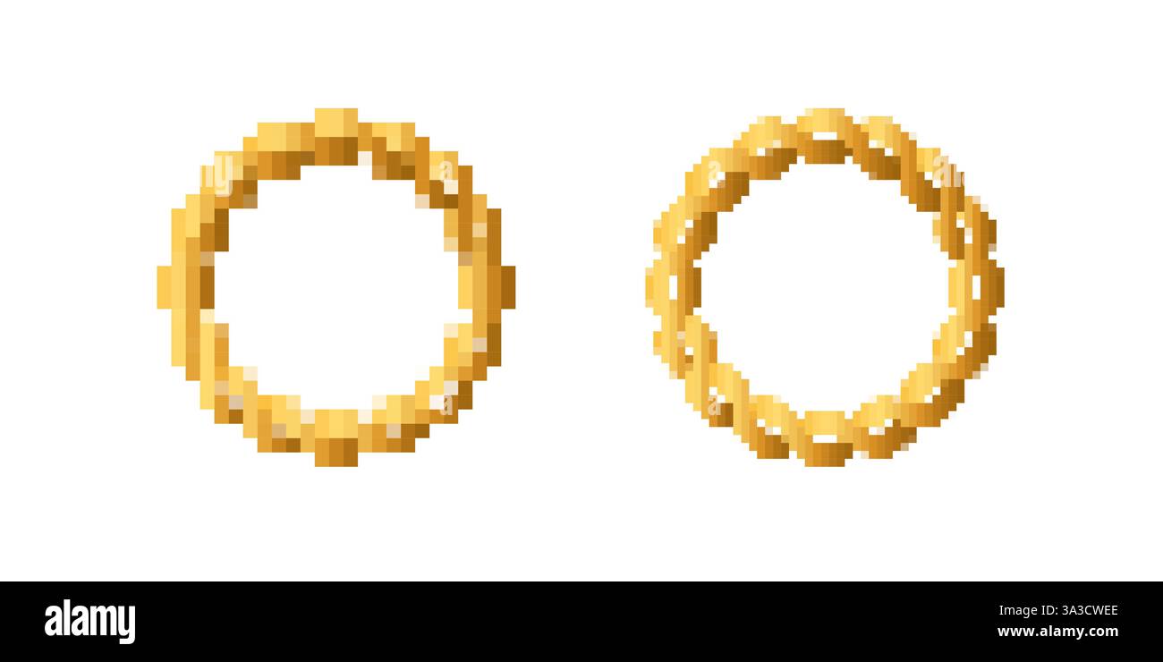 Two pixel art golden rings displayed with simple geometric designs and minimalist style Stock ...