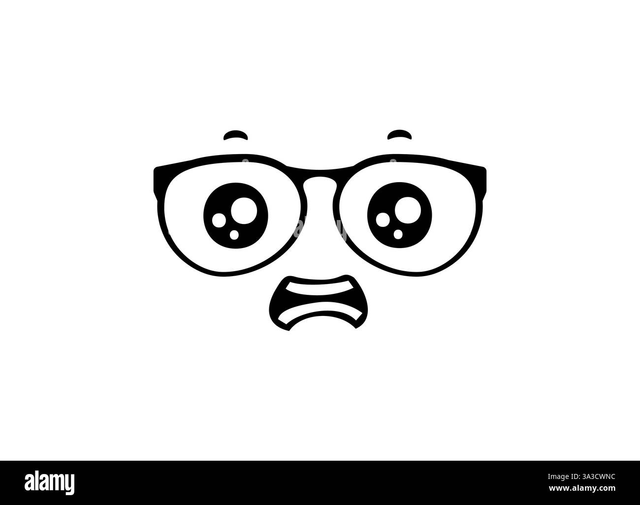 Cartoon face with big eyes and glasses expressing surprise on a simple ...