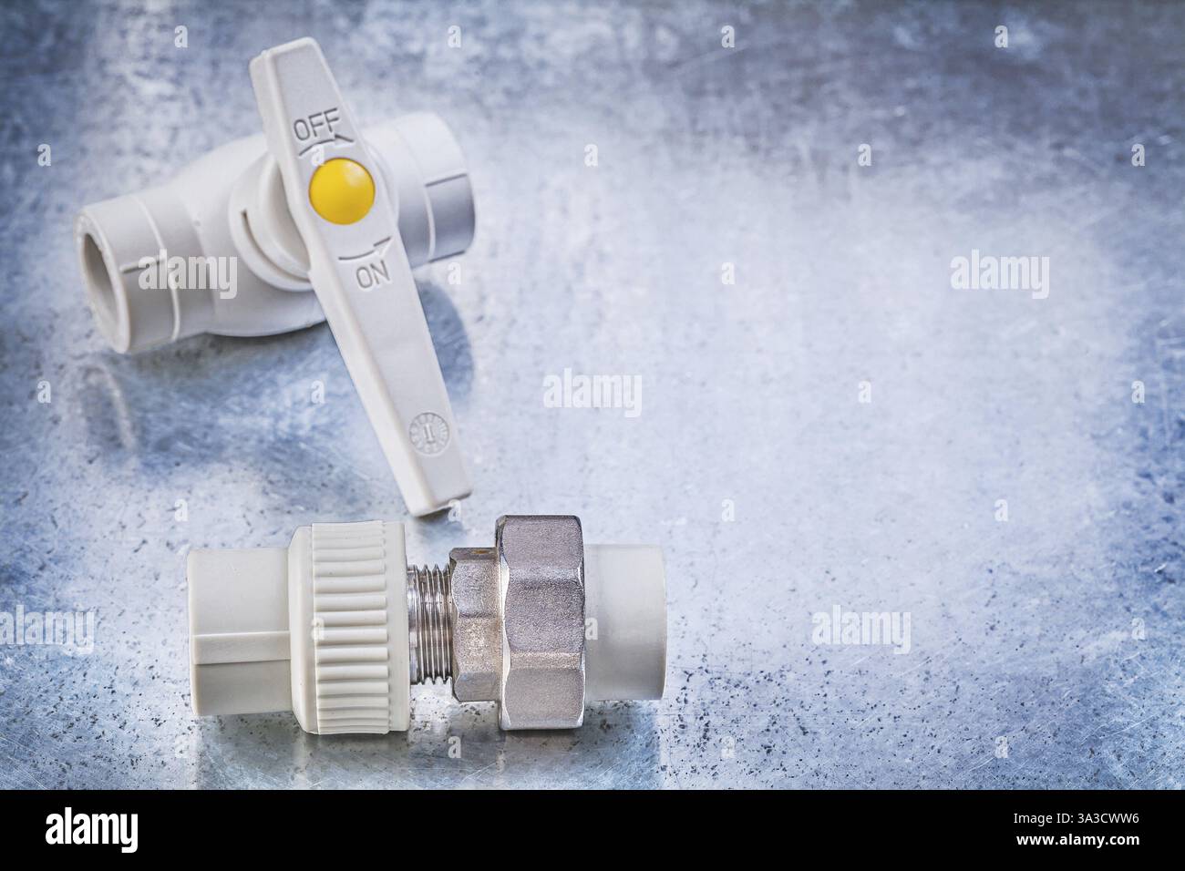 Water valve threaded pipe fitting on metallic background construction ...