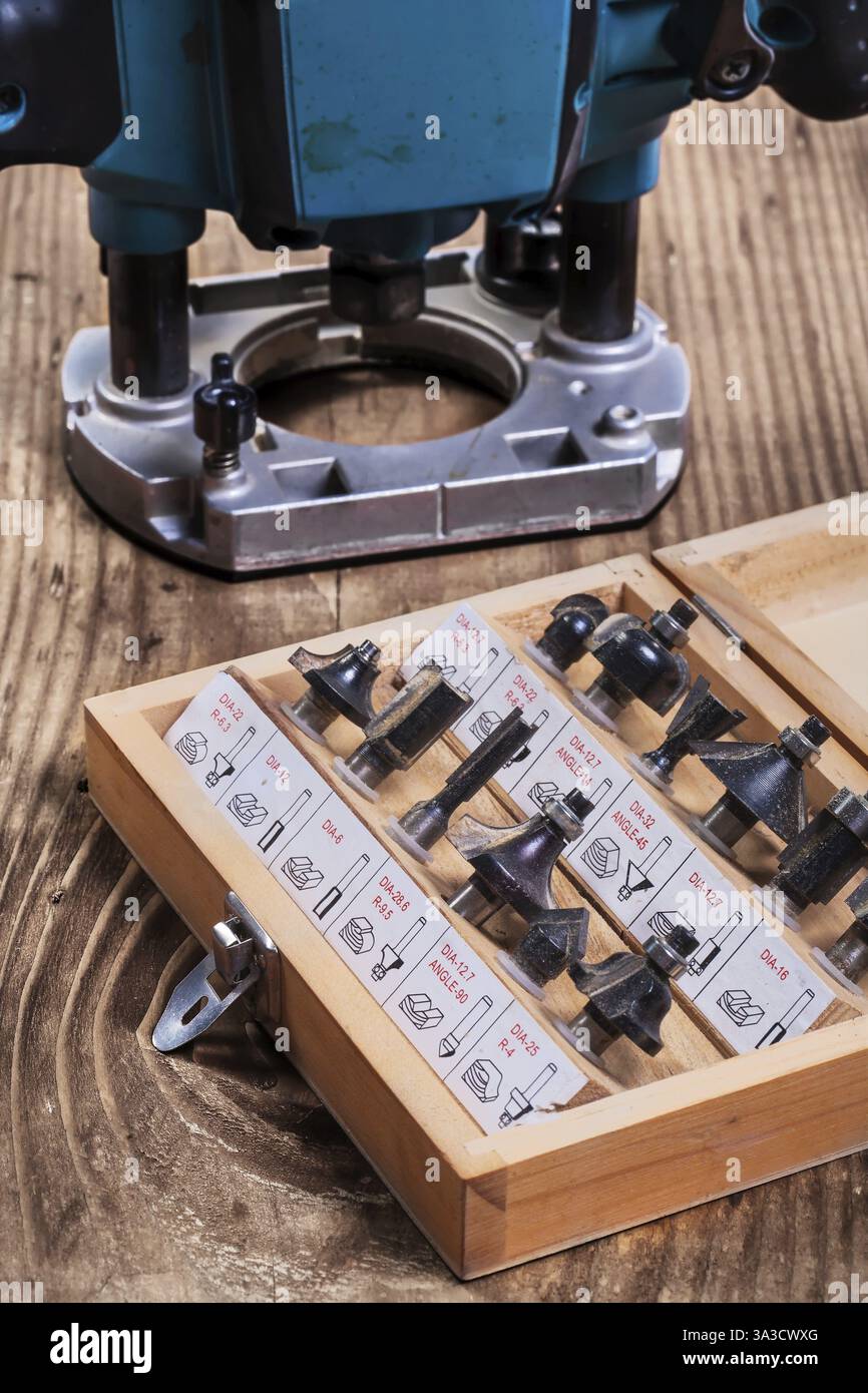 Woodworking tools - roundover router bits in wooden box and plunge ...
