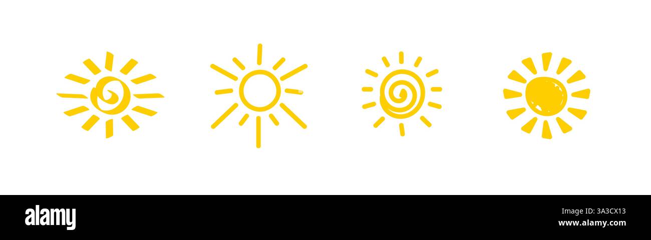 Four unique yellow sun symbols illustrated with simple creative shapes ...