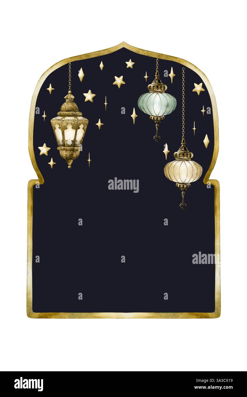 Islamic golden frame with hanging lantern and stars on dark blue and ...