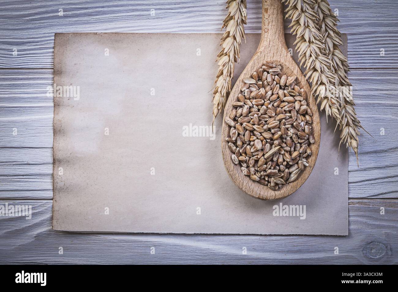 Wheat rye ears corn crop wooden spoon vintage paper sheet on wood board ...
