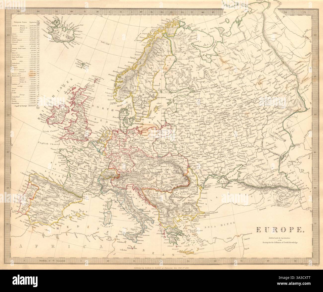 EUROPE. General map. Inset table of population & density by country ...