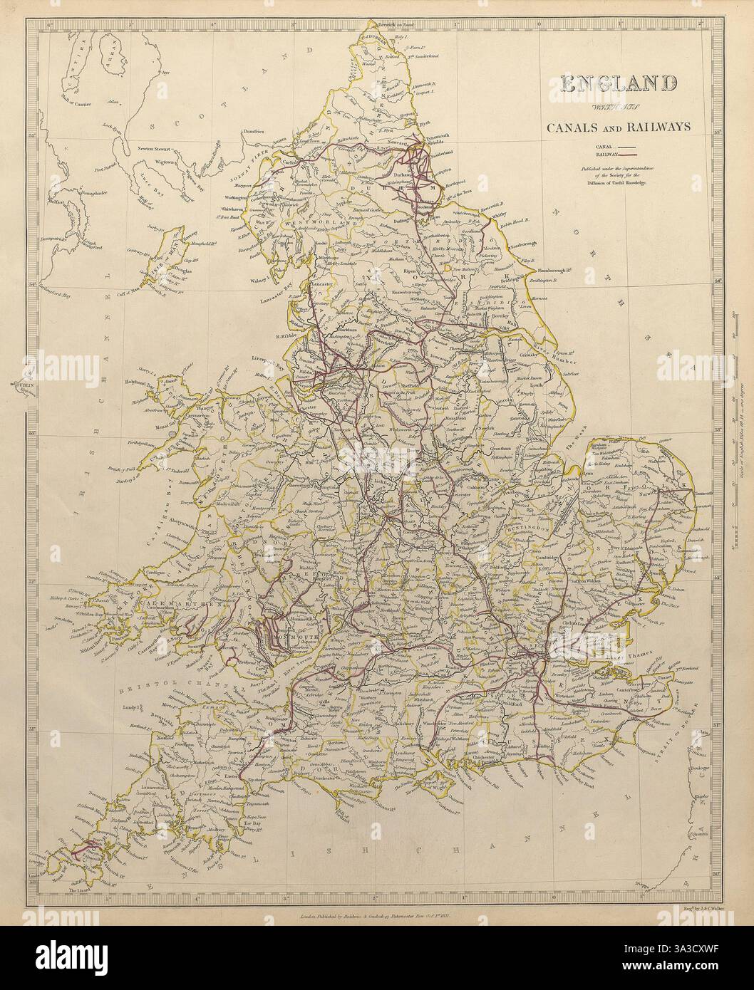 ENGLAND AND WALES. Canals and Railways. SDUK 1844 old antique map plan ...
