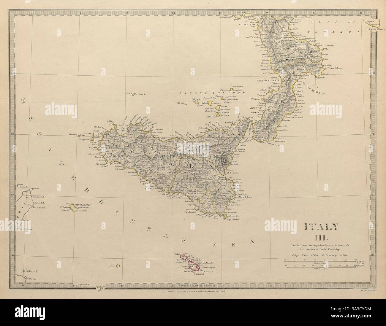 SICILY CALABRIA. Sicily Malta Gozo. Original outline colour. SDUK 1844 ...