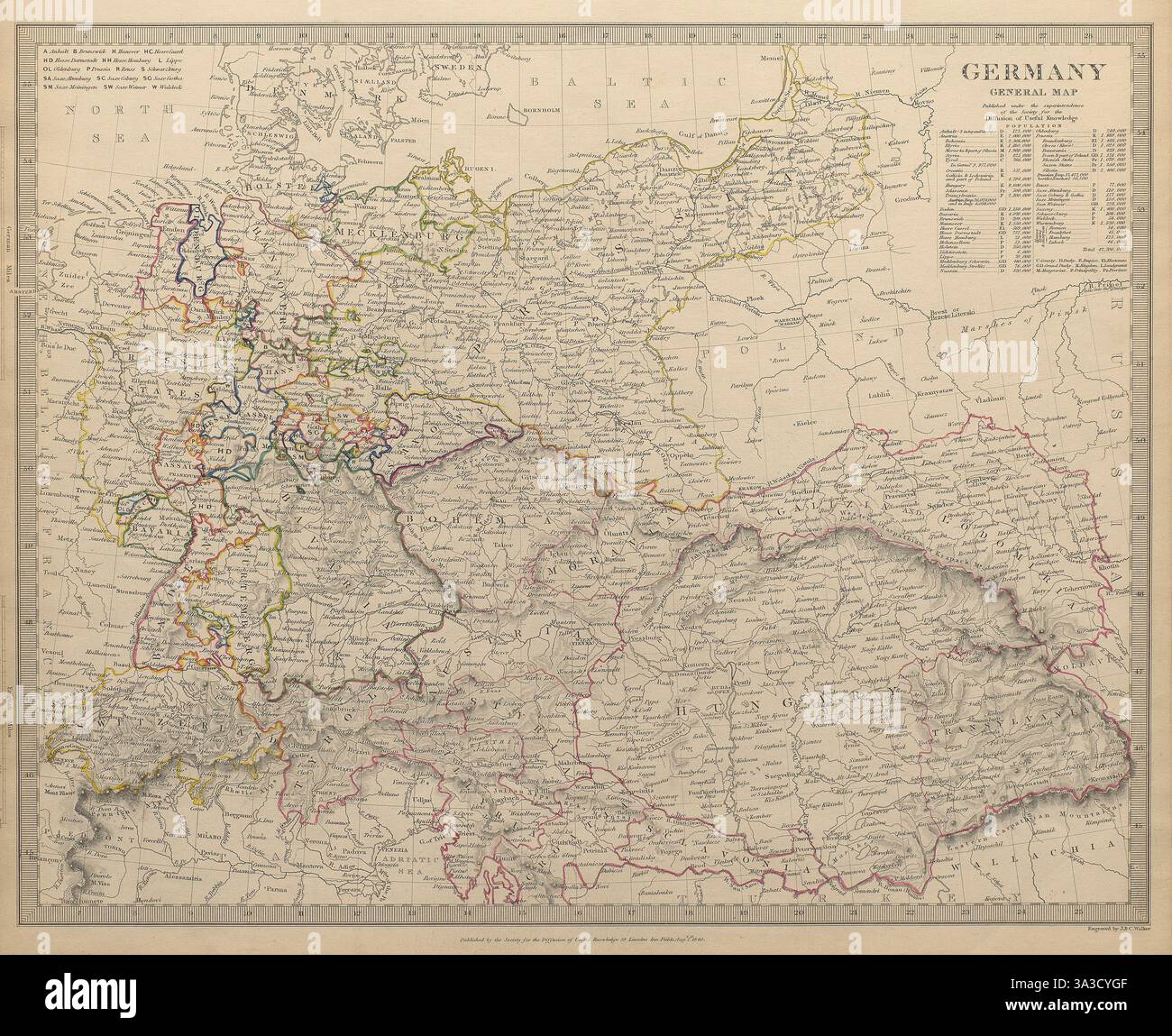 GERMANY. General Map. Hungary. Population table. SDUK 1844 old antique ...
