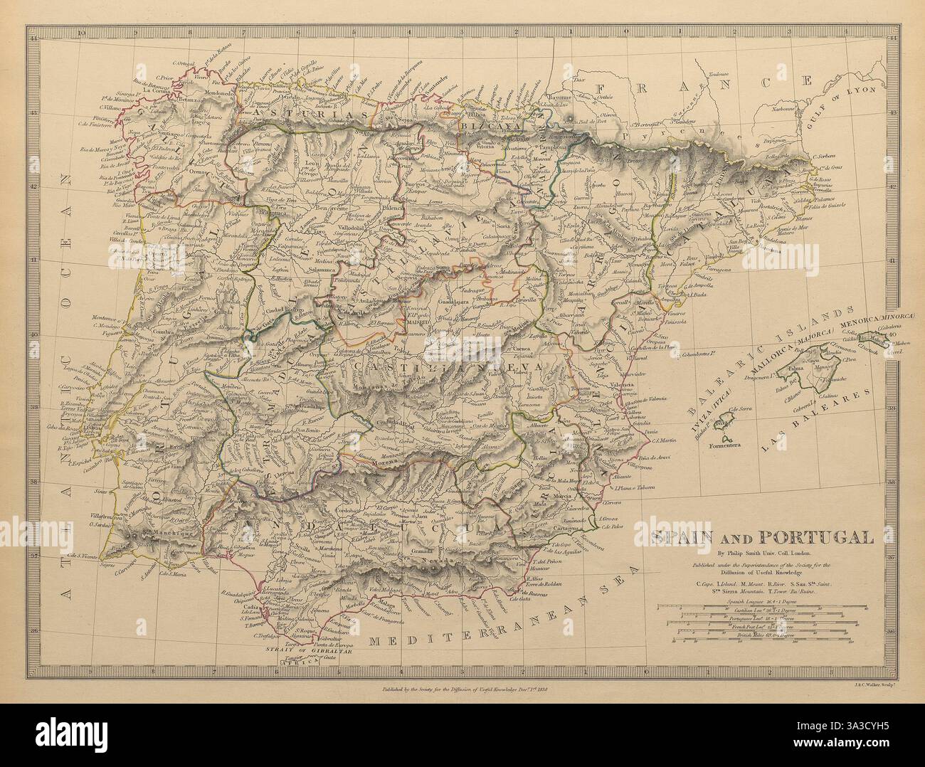 IBERIA. Spain and Portugal showing provinces. SDUK 1844 old antique map ...