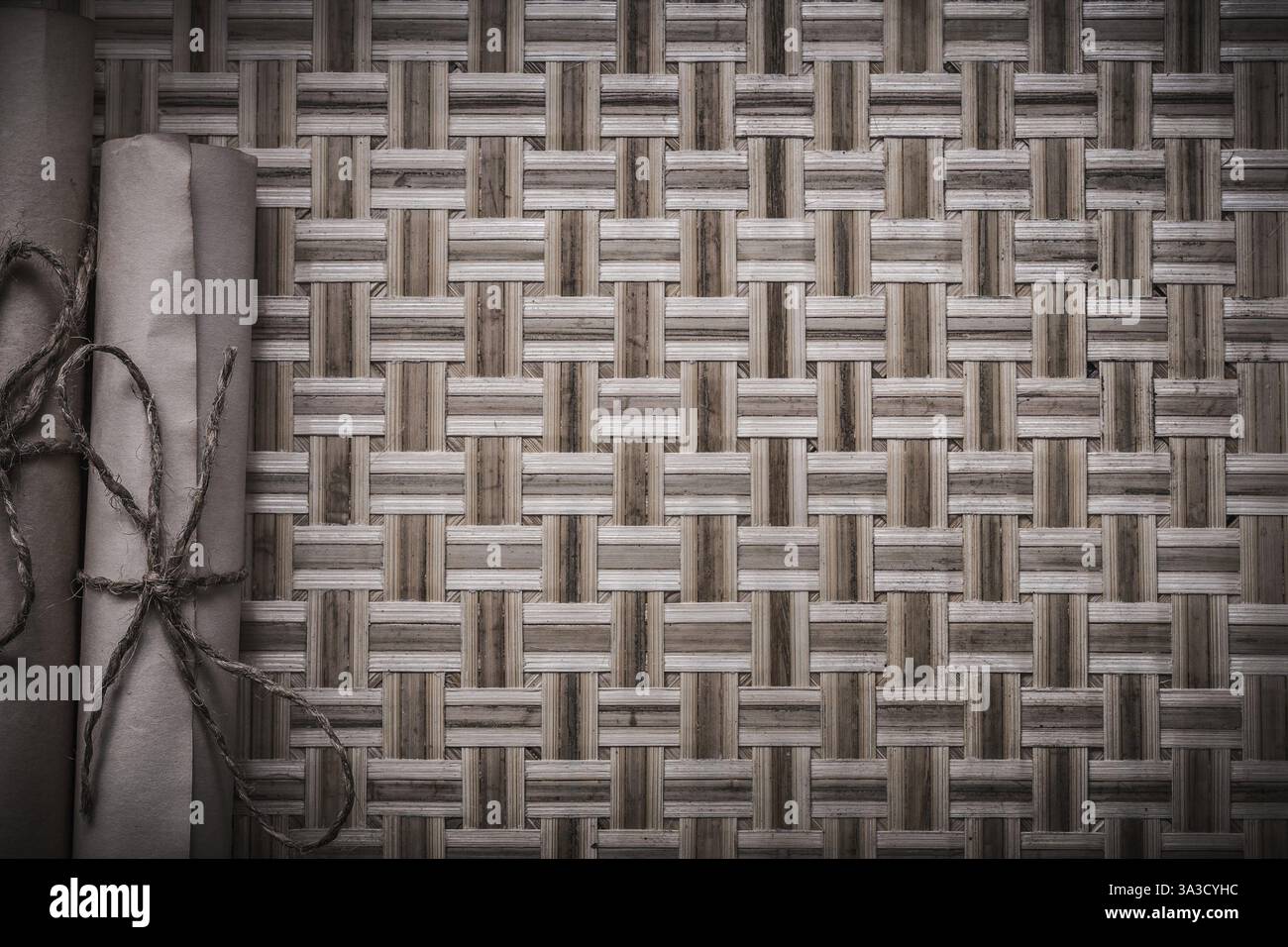 Vintage medieval corded documents on wicker wooden surface Stock Photo ...