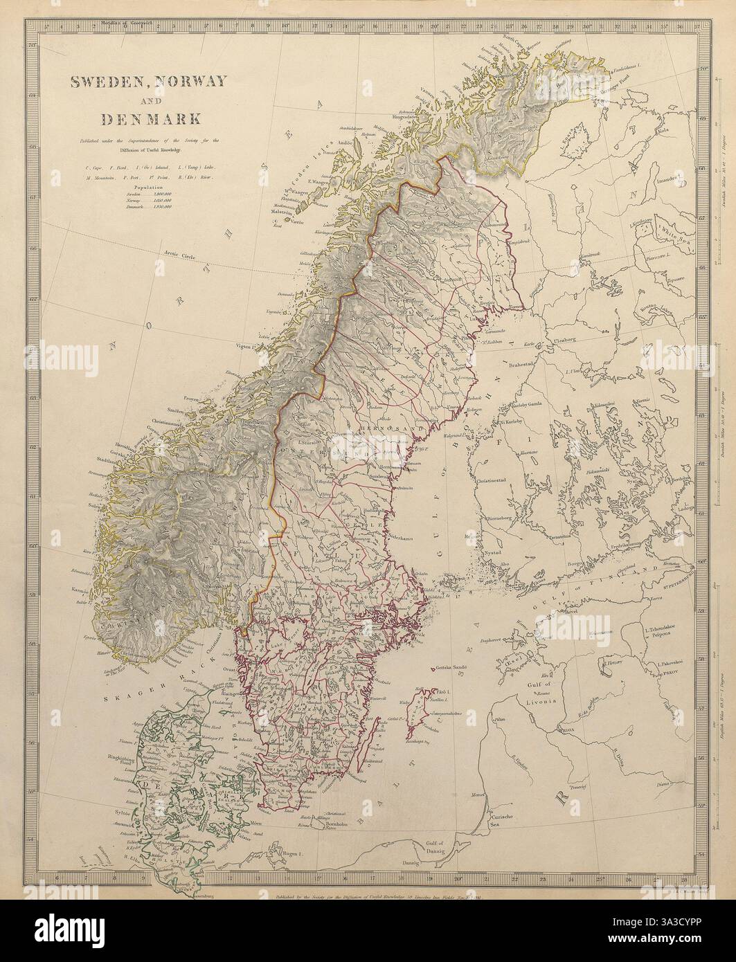 SCANDINAVIA. Sweden, Norway, and Denmark. Population table. SDUK 1844 ...