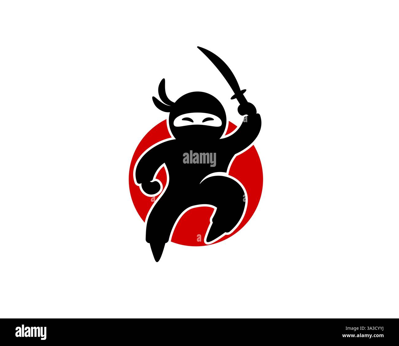 Ninja silhouette jumping with sword against red circle background Stock ...