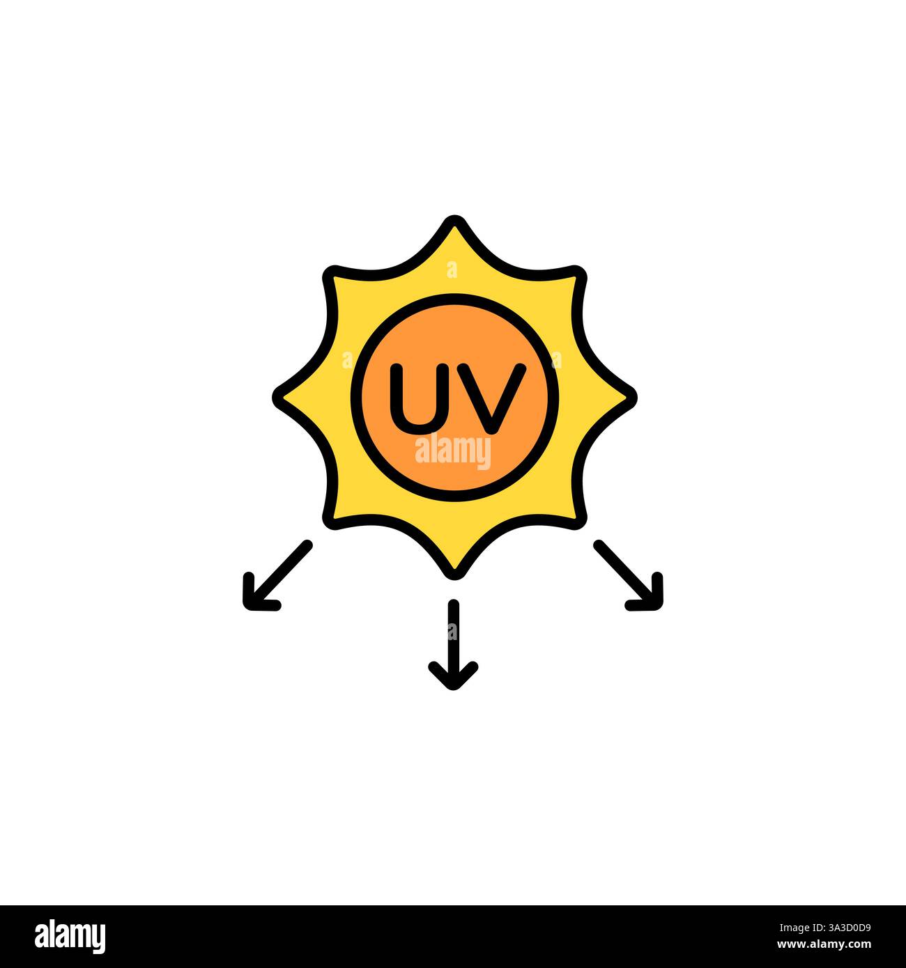 Bright yellow uv sun icon with orange center and black direction arrows ...