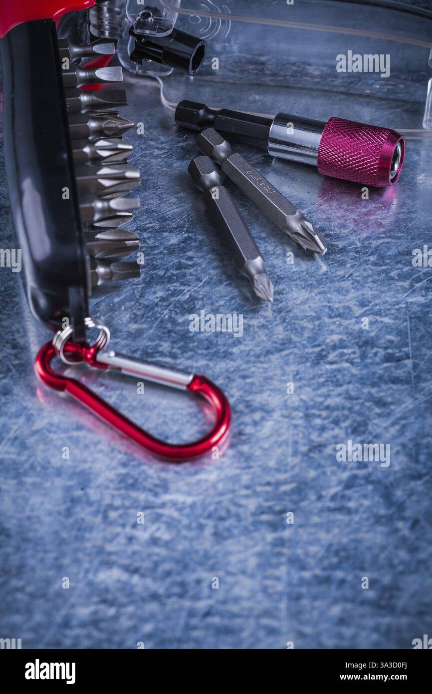 Threaded bit set in box on metallic surface construction concept Stock ...