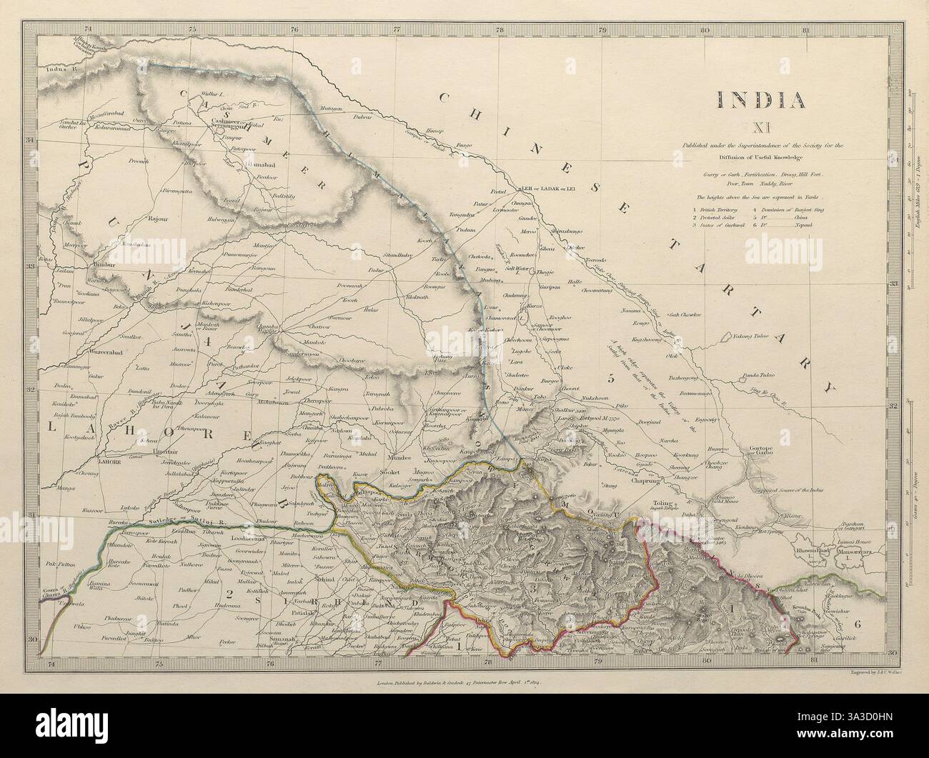 INDIA PAKISTAN. Punjab Garhwal Lahore Sirhind Kashmir China. SDUK 1844 ...