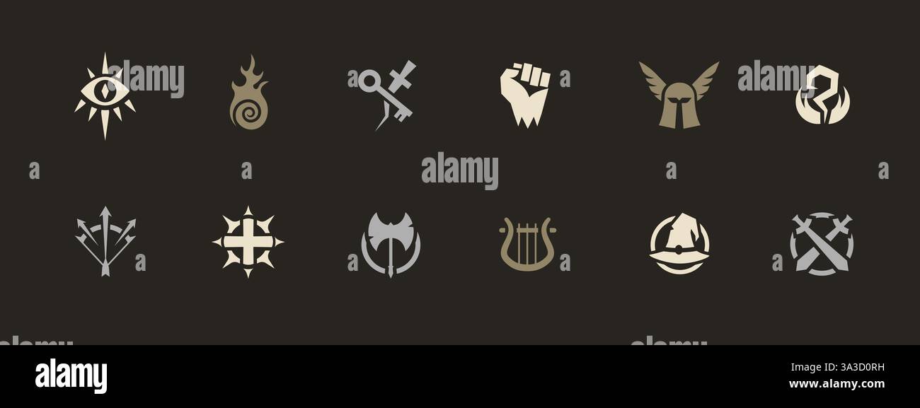 Collection of twelve unique fantasy symbols with eye winged key and ...