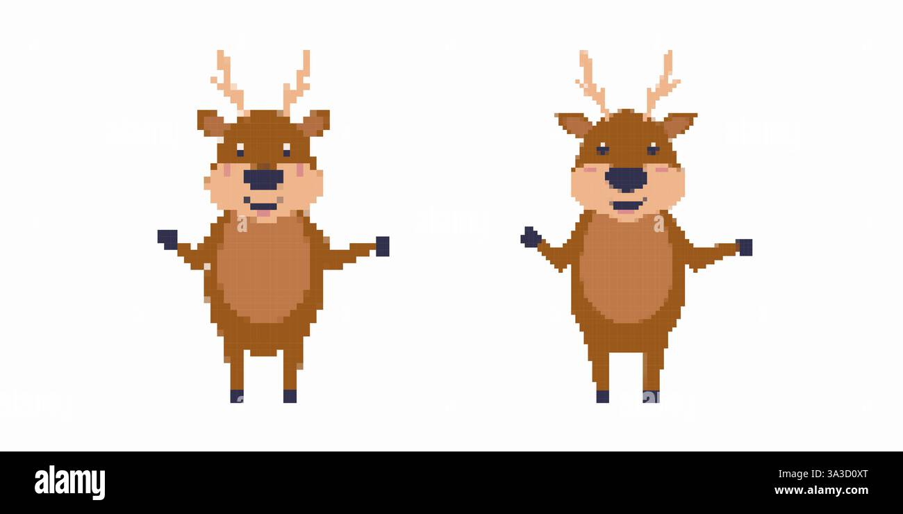 Two pixel art reindeer with antlers standing in cute animated style ...