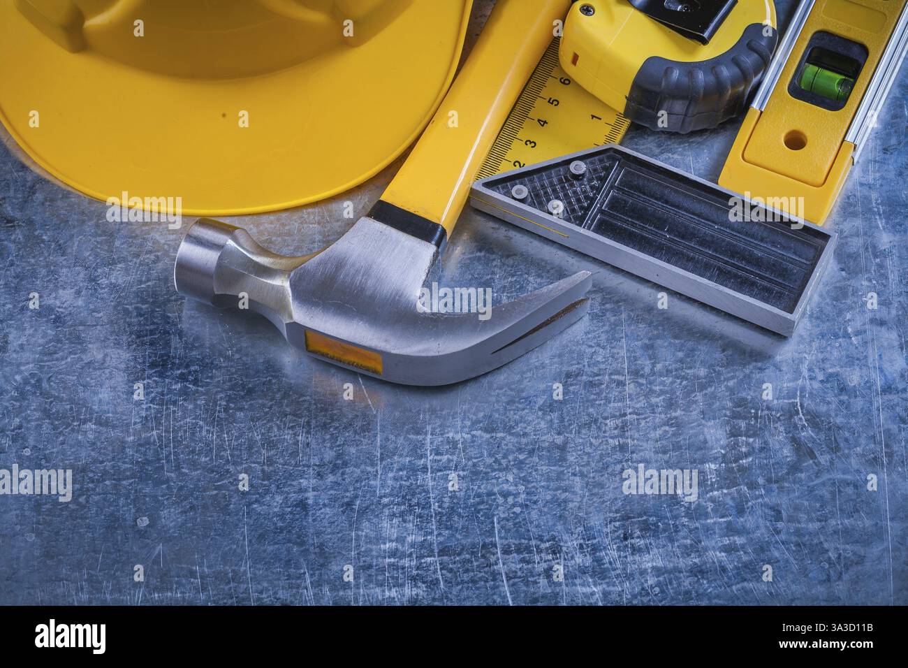 Try square construction level tape-measure hard hat and claw hammer on ...