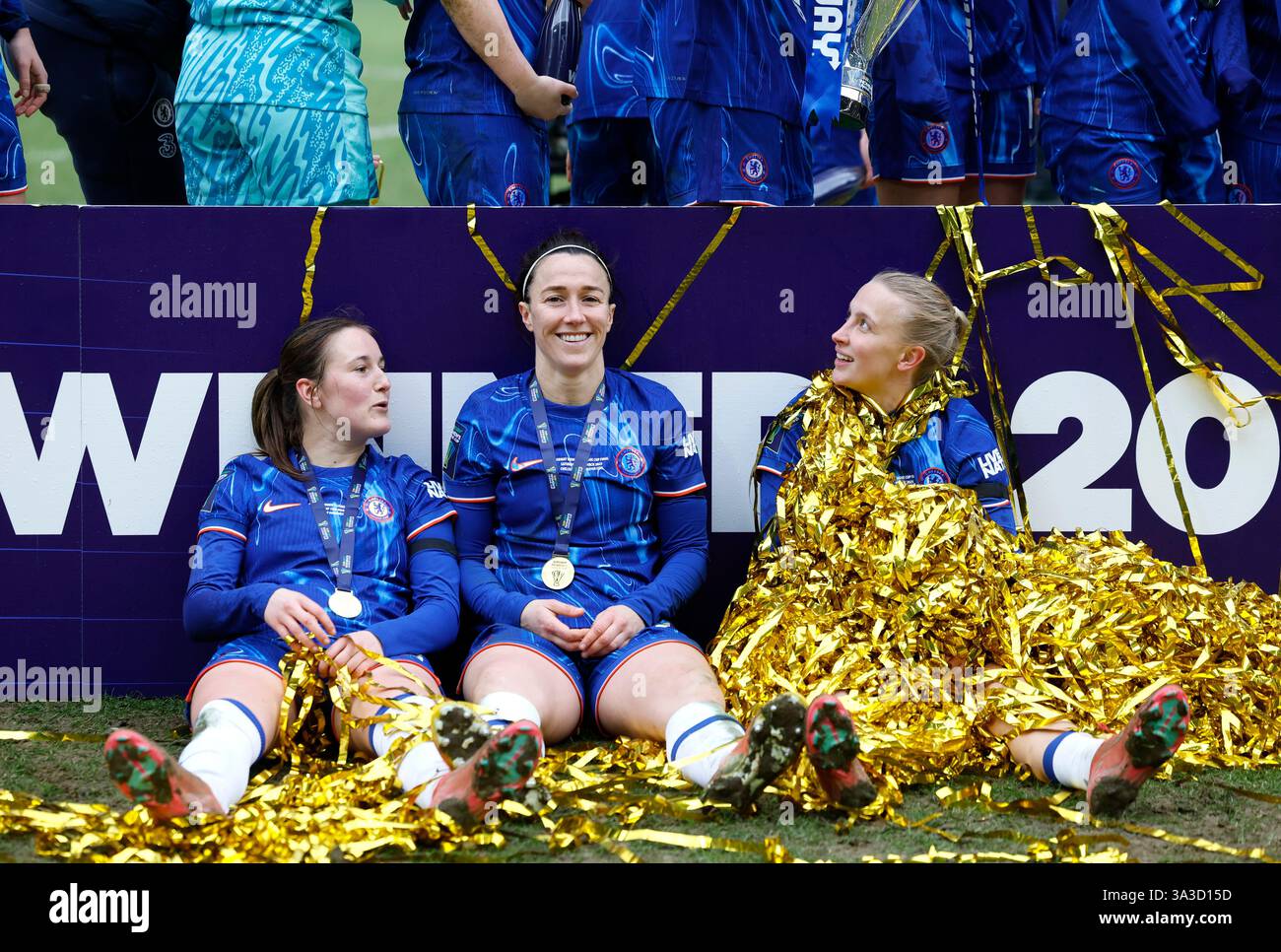 Chelsea's Erin Cuthbert and Lucy Bronze celebrate following the Subway ...
