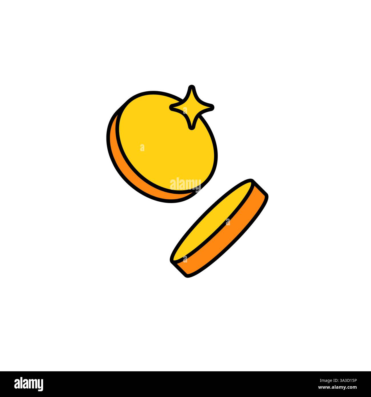 Bright cartoon style gold coin with shine and small open lid in simple ...