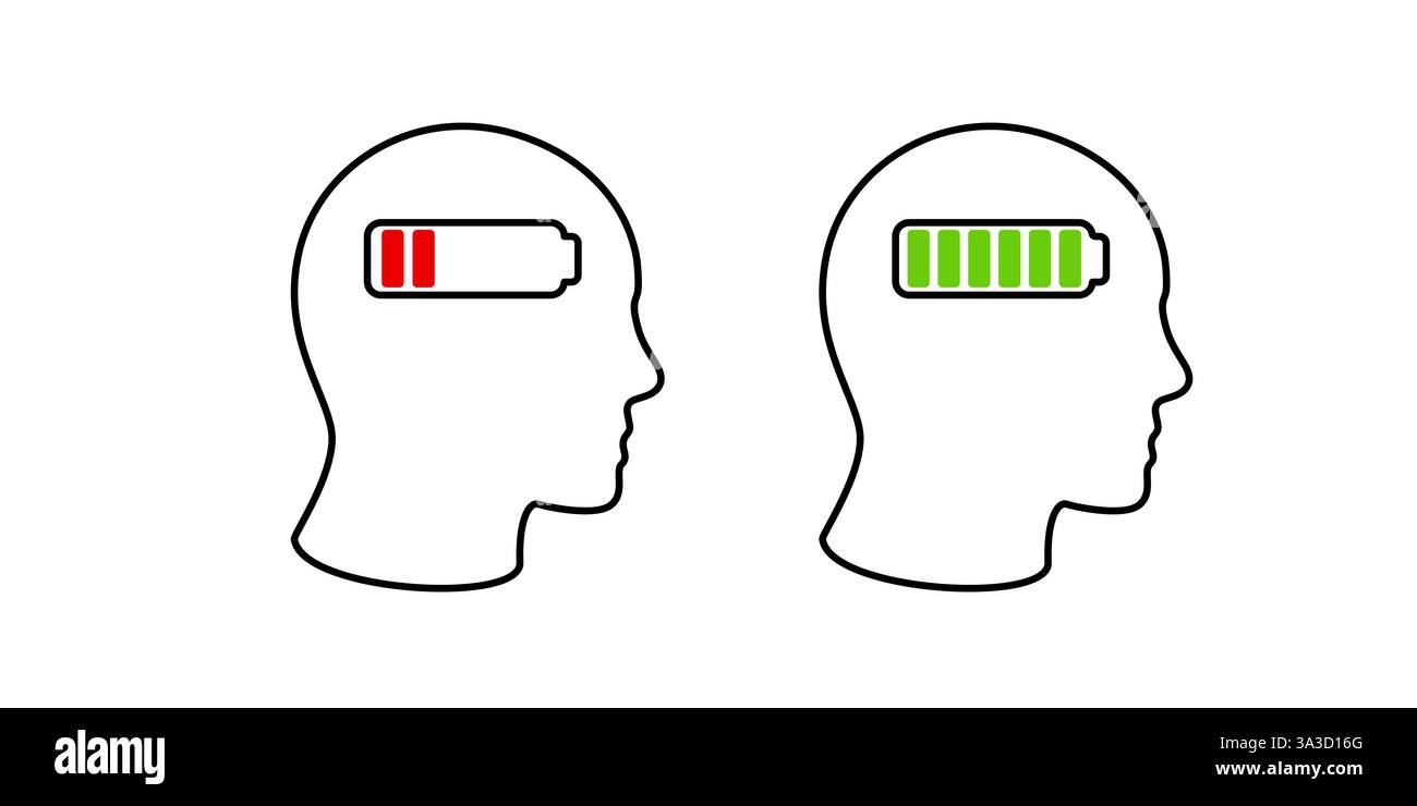 Comparing energy levels: low and high battery in human outline ...