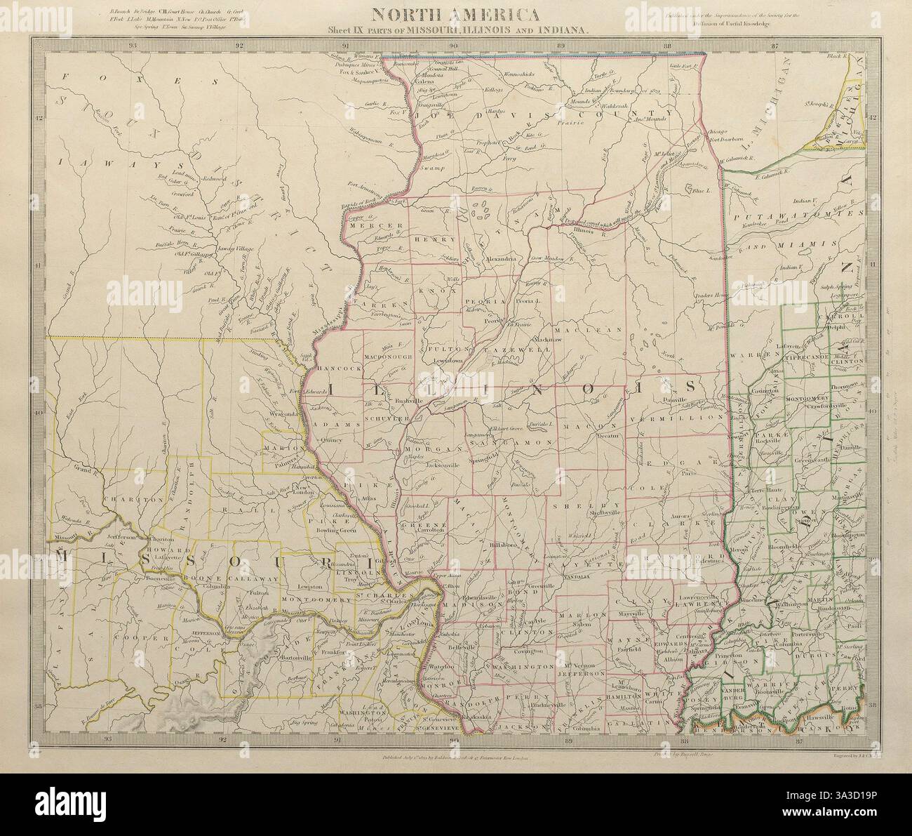 USA. Missouri Illinois Indiana. Indian tribes villages borders. SDUK ...