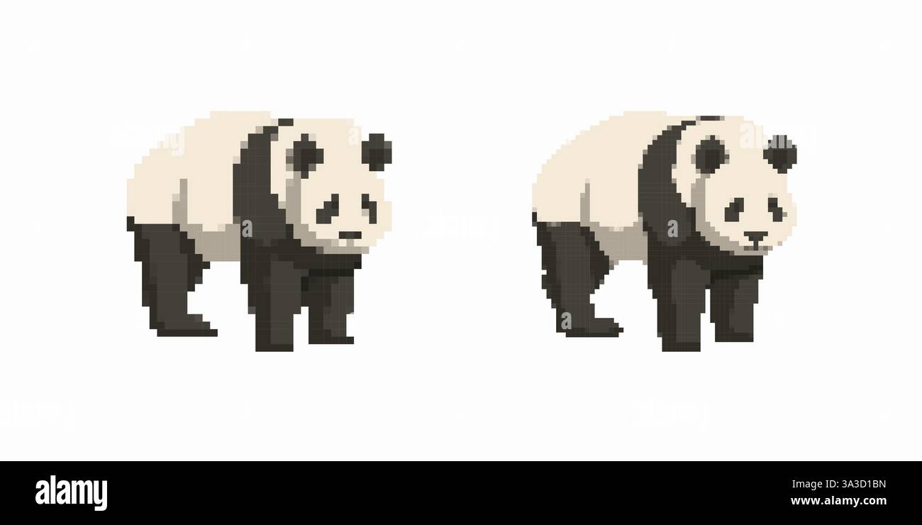 Pixel art pandas depicting cute stylized animals in simplified block ...