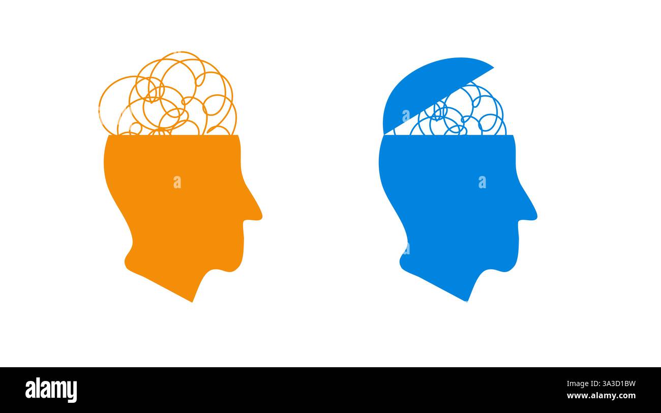 Visual representation of mental chaos and clarity using minimalist head ...