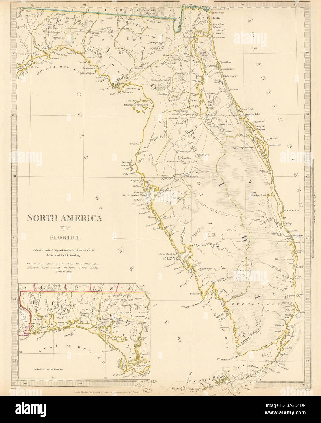 FLORIDA. Showing Seminole Indian reservation & villages.SDUK 1844 old ...