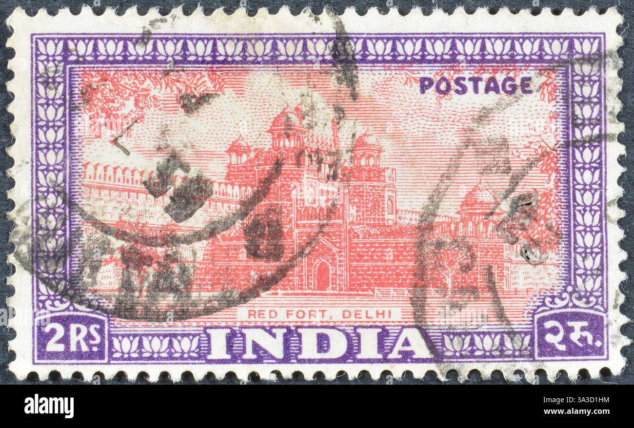Cancelled postage stamp printed by India, that shows Red Fort, Delhi ...