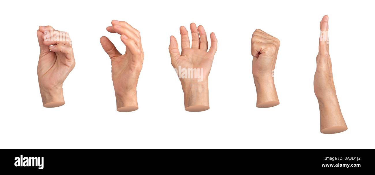 An elderly hand with five fingers displaying a range of gestures, from ...