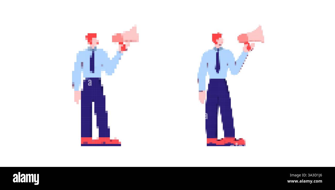 Two pixel art figures holding megaphones facing forward in simplistic ...