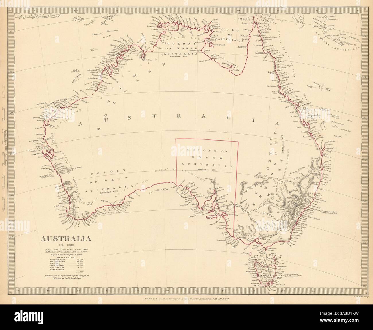 AUSTRALIA IN 1839. Shows dates colonies established. Population. SDUK ...