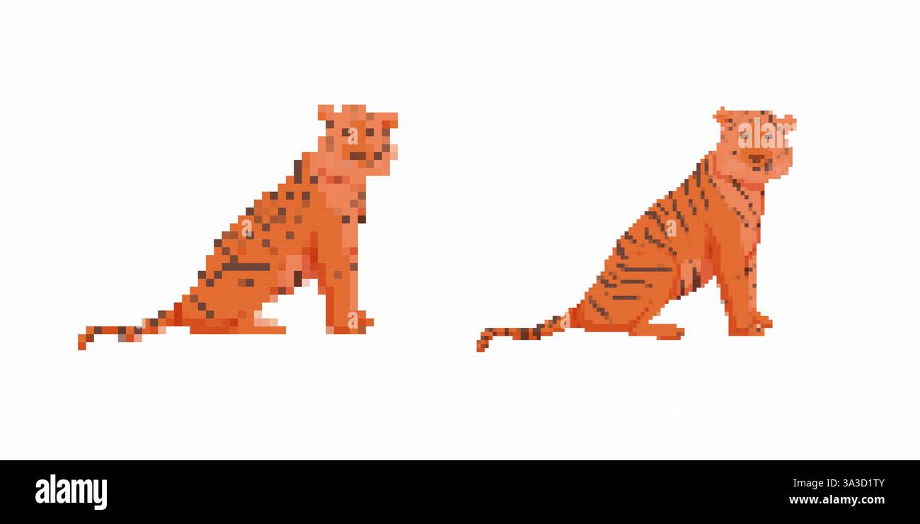 Pixel art tigers facing forward and backward in a simple geometric ...