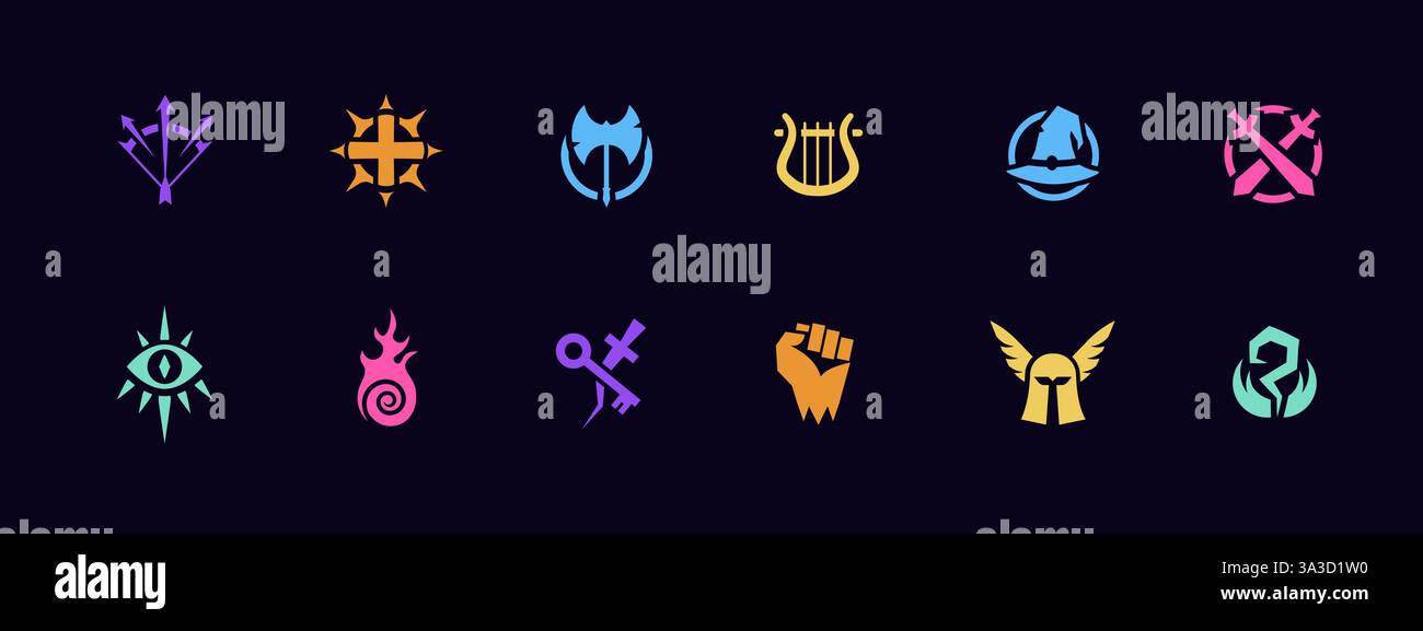 Colorful symbols in rows of twelve icon designs with varied unique ...