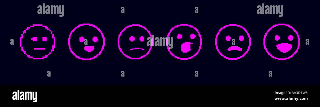 Neon pink emoji faces in digital style show different emotions in ...