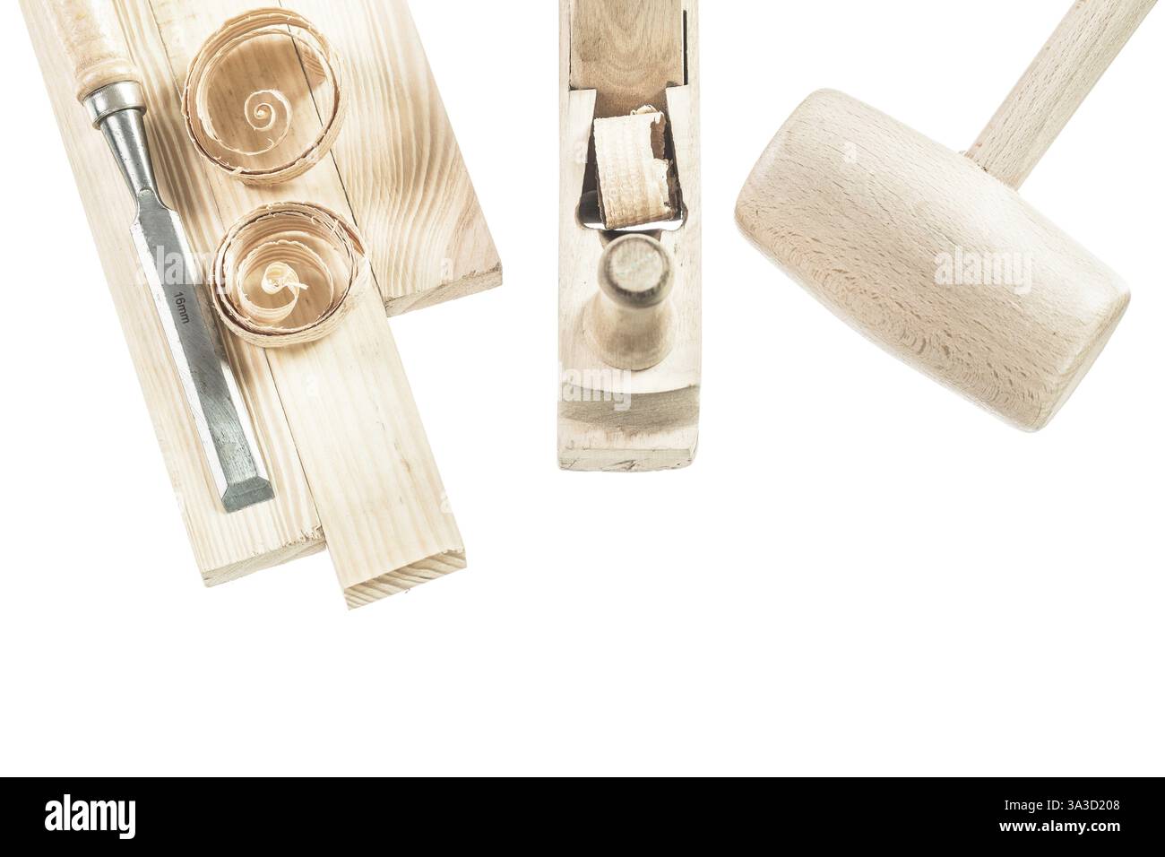 Wooden mallet bricks chisel shavings shaving plane isolated on white ...