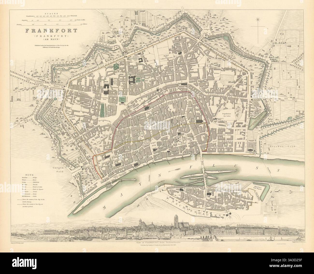 FRANKFURT AM MAIN. Antique town city map plan. Panorama.am Mayn. SDUK ...