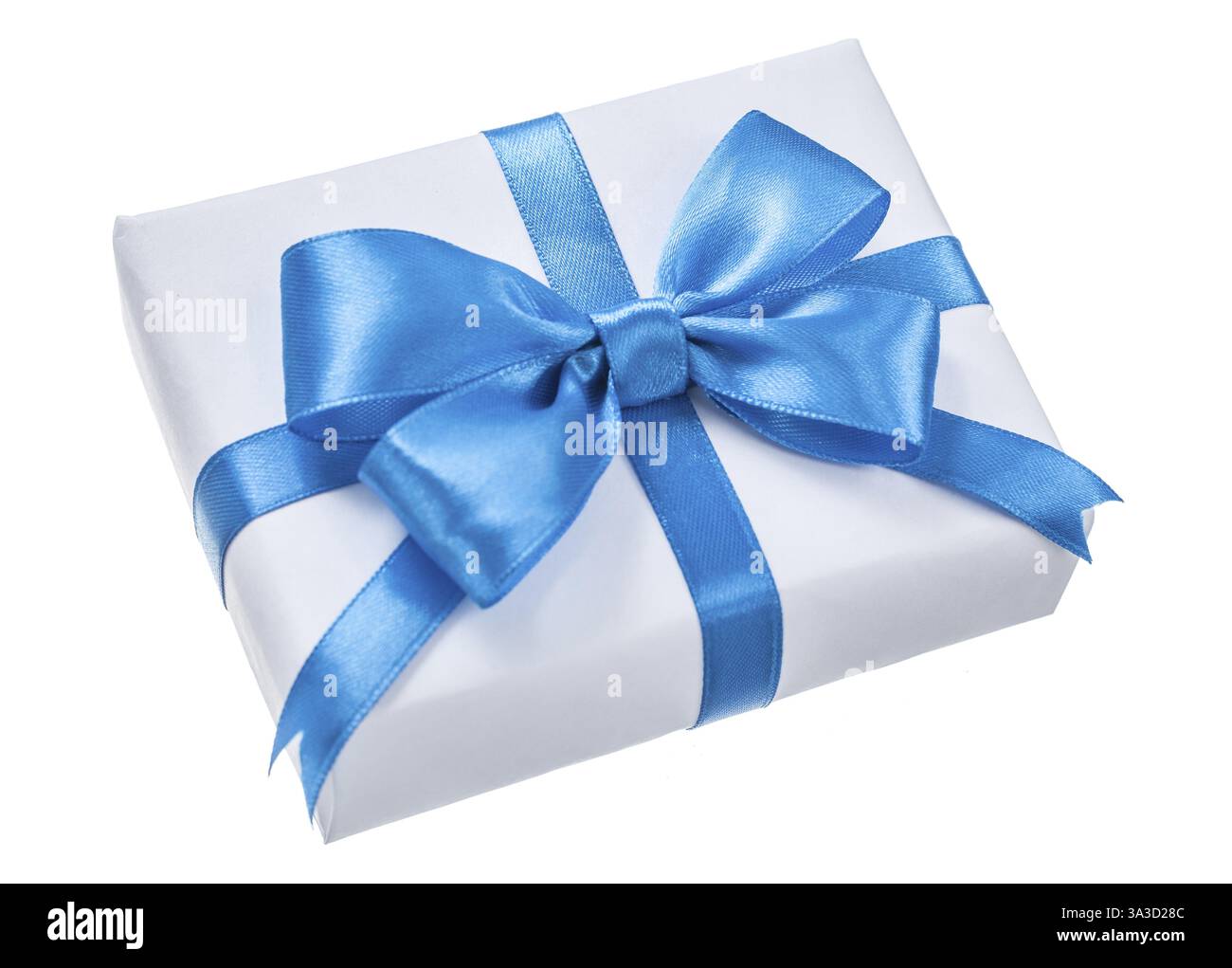 Wrapped white gift box with blue knot isolated on white Stock Photo - Alamy